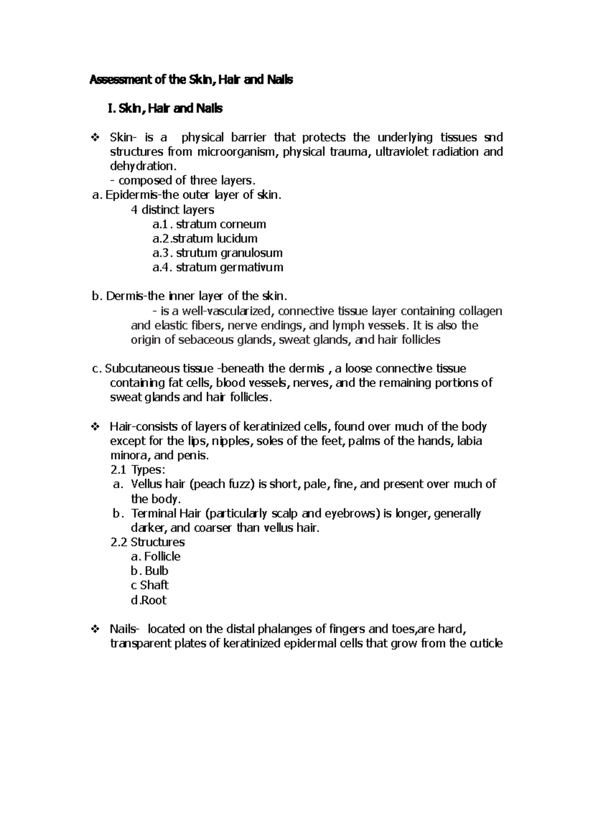 Skin Assessment - Assessment of the Skin, Hair and Nails I. Skin, Hair ...