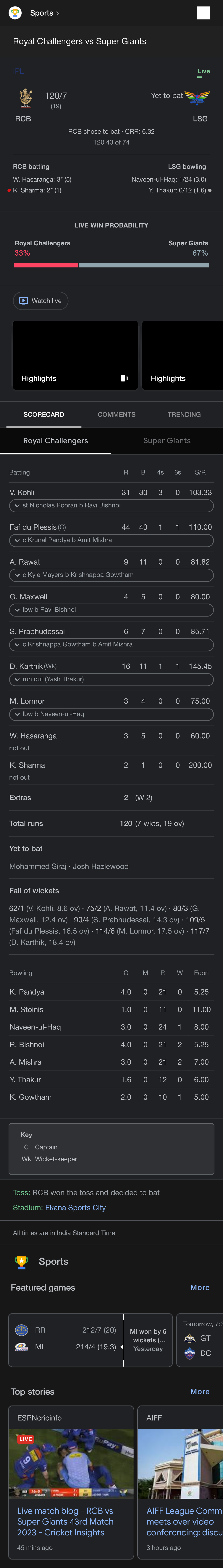 Rcb vs lsg - Google Search - Live Sports RCB 120/7 Yet to bat LSG RCB ...