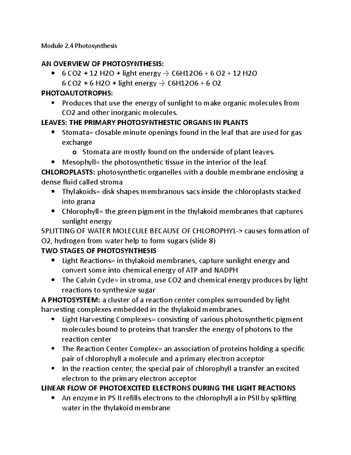 Bio102 Notes #4 - Module 2 Photosynthesis AN OVERVIEW OF PHOTOSYNTHESIS ...