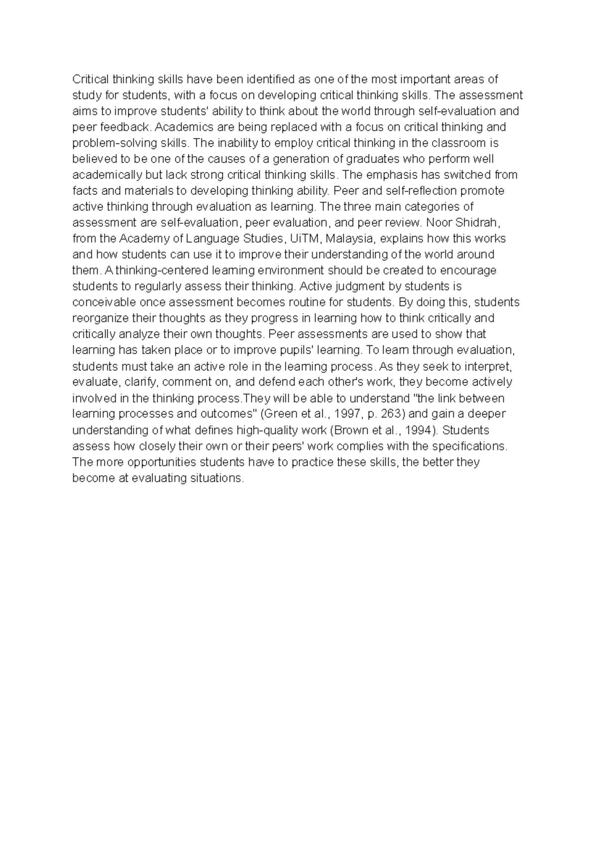 Learrning Journal - Critical thinking skills have been identified as ...