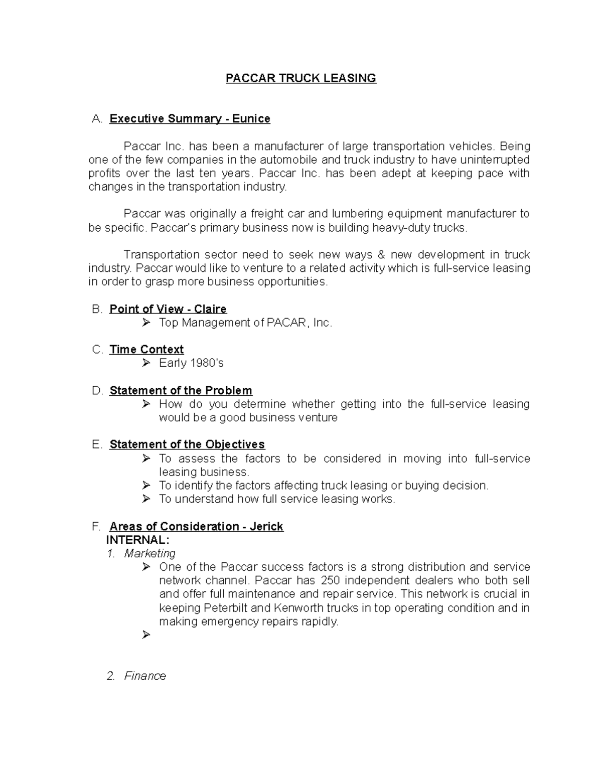 CASE Study Paccar Truck Leasing-docx - PACCAR TRUCK LEASING A ...