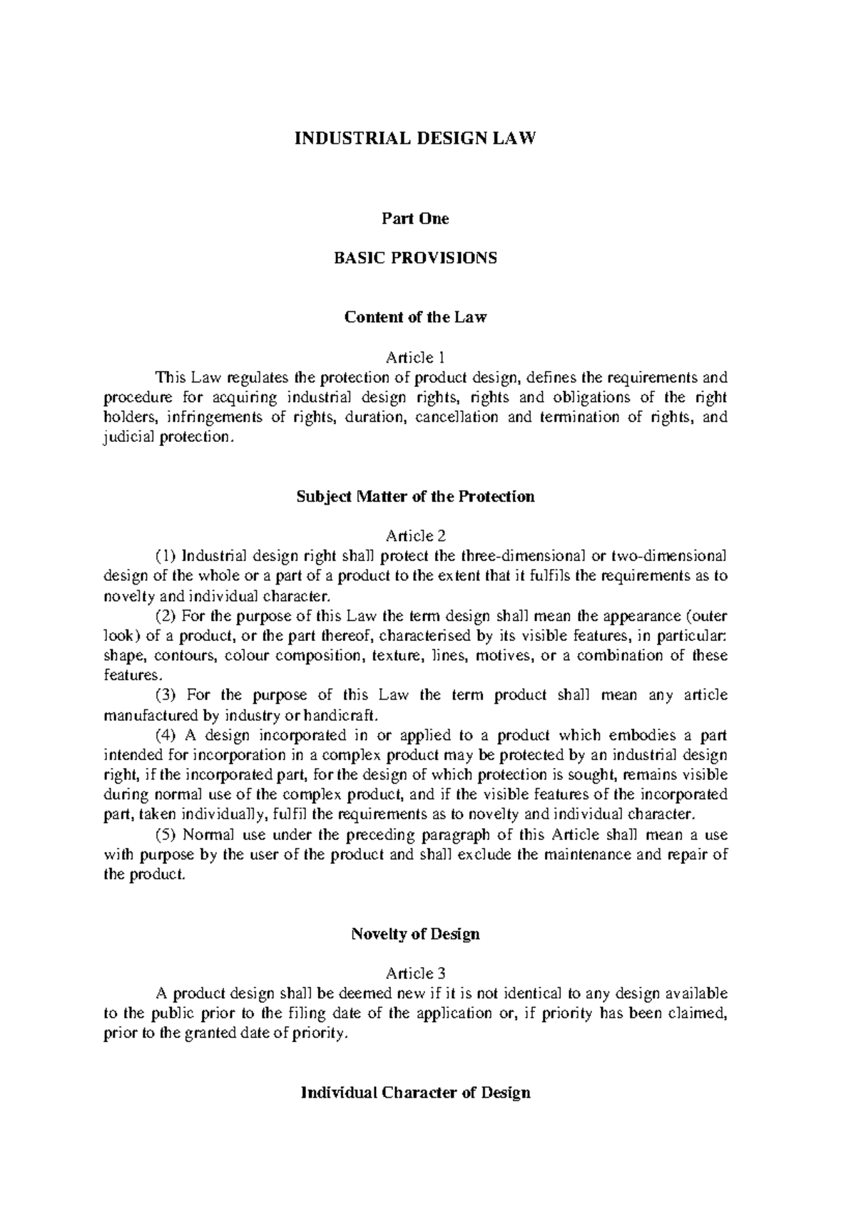 Industrial design law - INDUSTRIAL DESIGN LAW Part One BASIC PROVISIONS ...