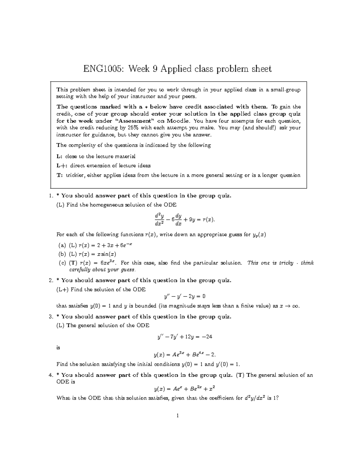 Ordinary differential equations - ENG1005: Week 9 Applied class problem ...