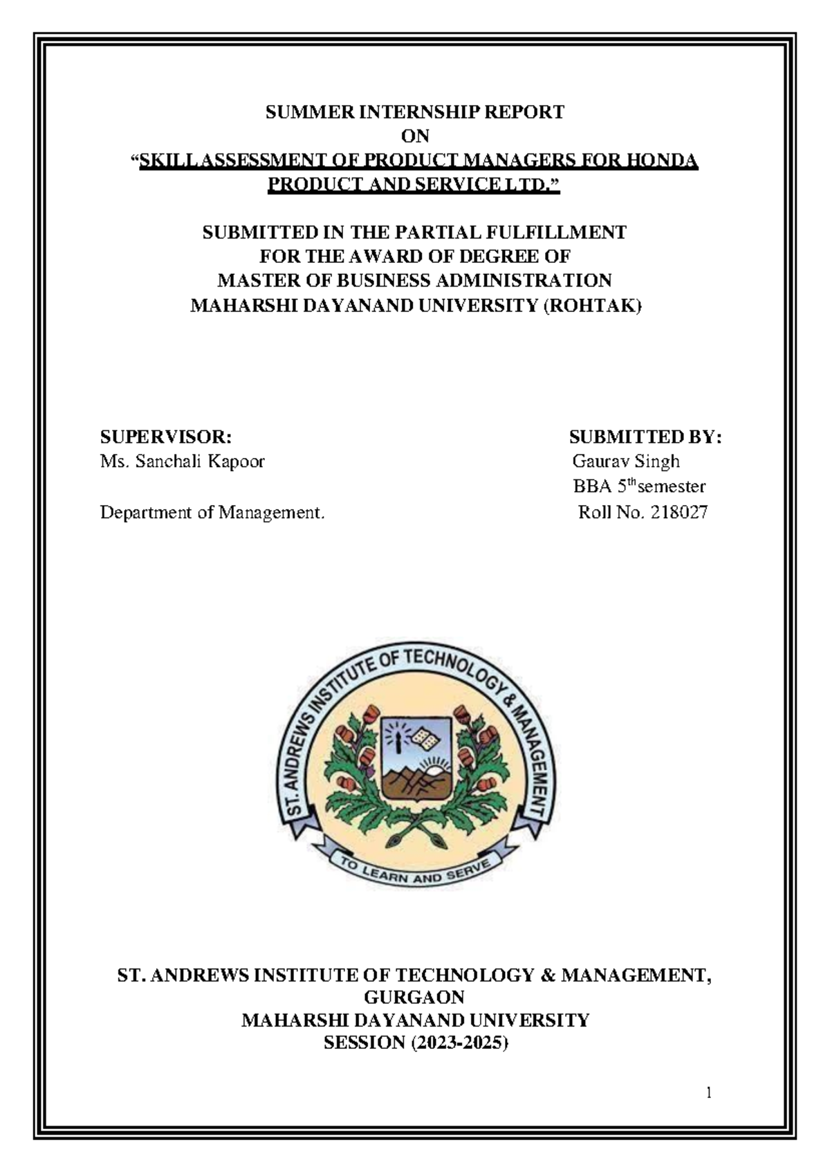 Gaurav Singh STR file internship project - 1 SUMMER INTERNSHIP REPORT ...