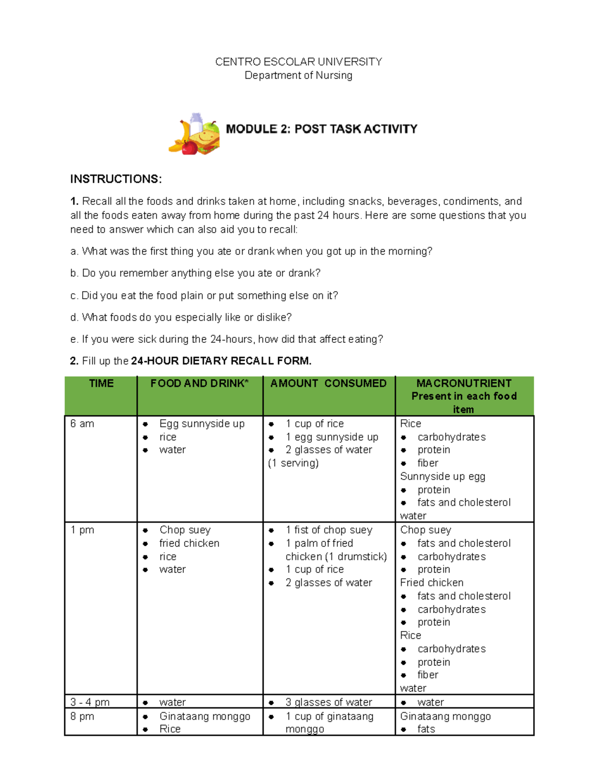 Nutrition. POST TASK Module 2 - CENTRO ESCOLAR UNIVERSITY Department of ...