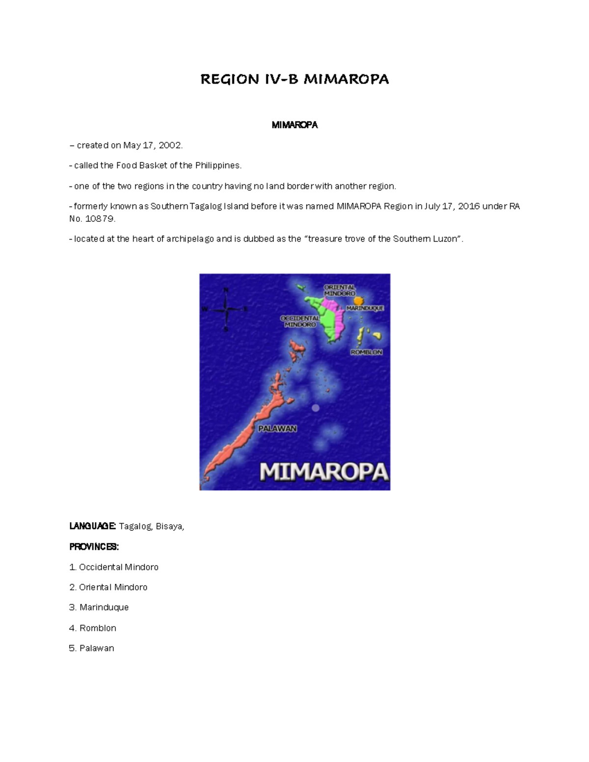 Part of luzon and hand out - REGION IV-B MIMAROPA MIMAROPA created on ...