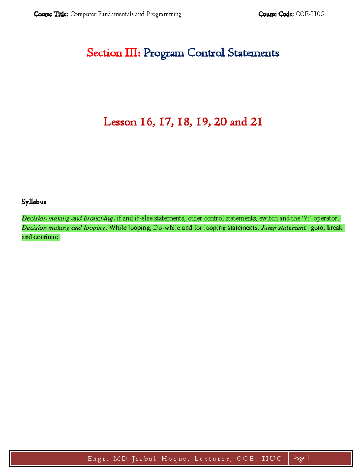 03 Section 3 Program Contral Statements - Section III: Program Control Statements Lesson 16 , 17 ...