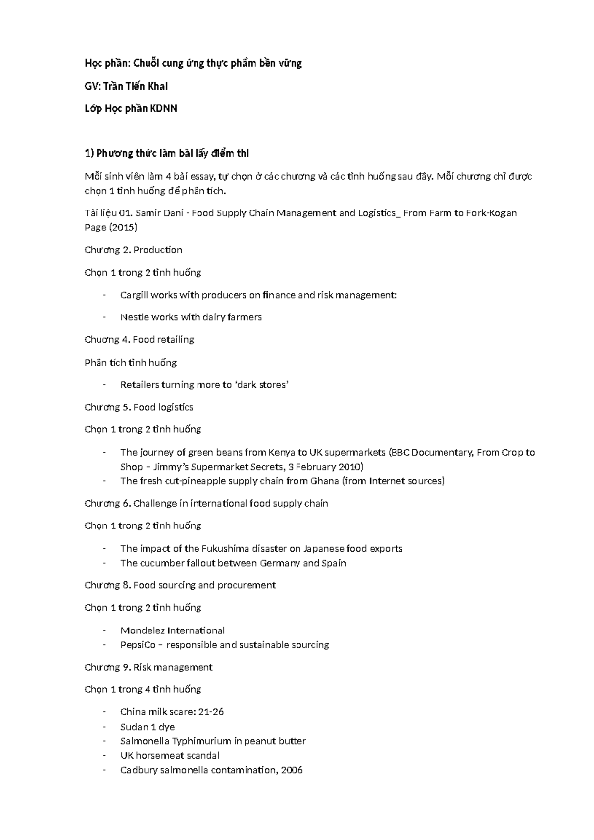 Huong dan bai thi Chuoi cung ung thuc pham ben vung - Học phần: Chuỗi cung ứng thực phẩm bền ...