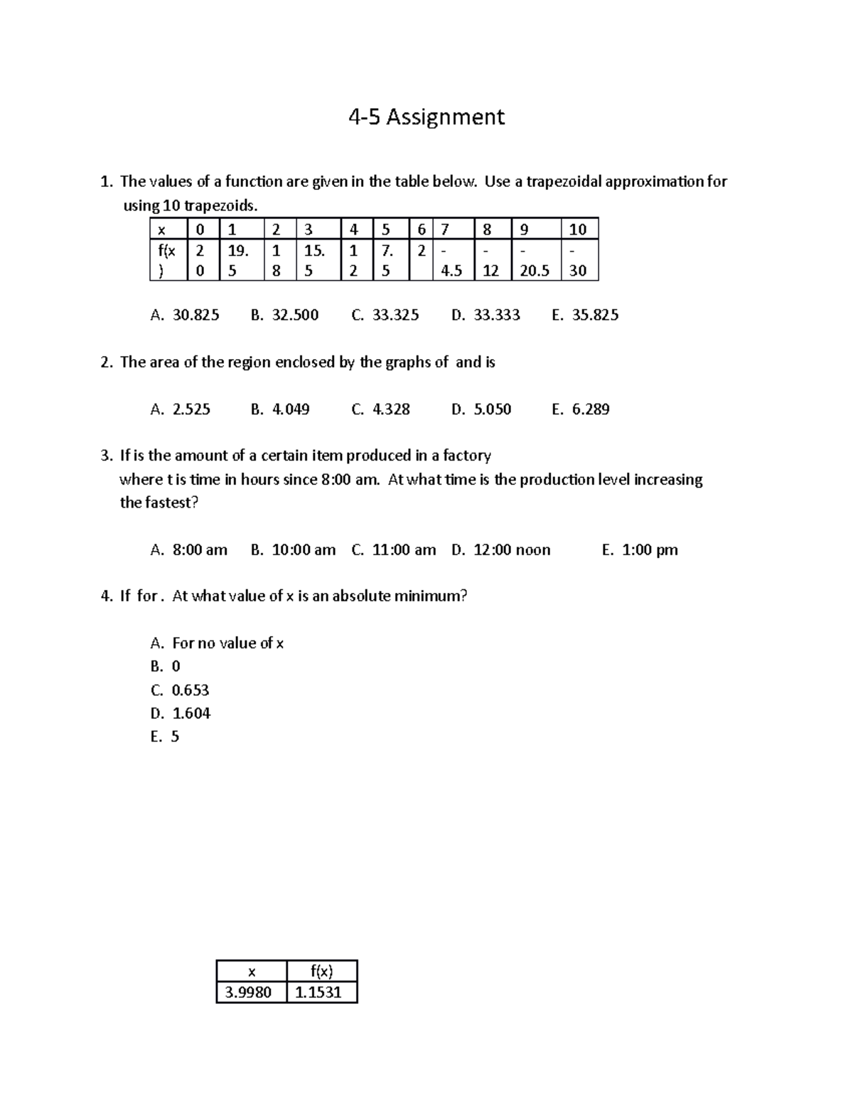4-5 assignment - recitation - 4-5 Assignment The values of a function are given in the table ...