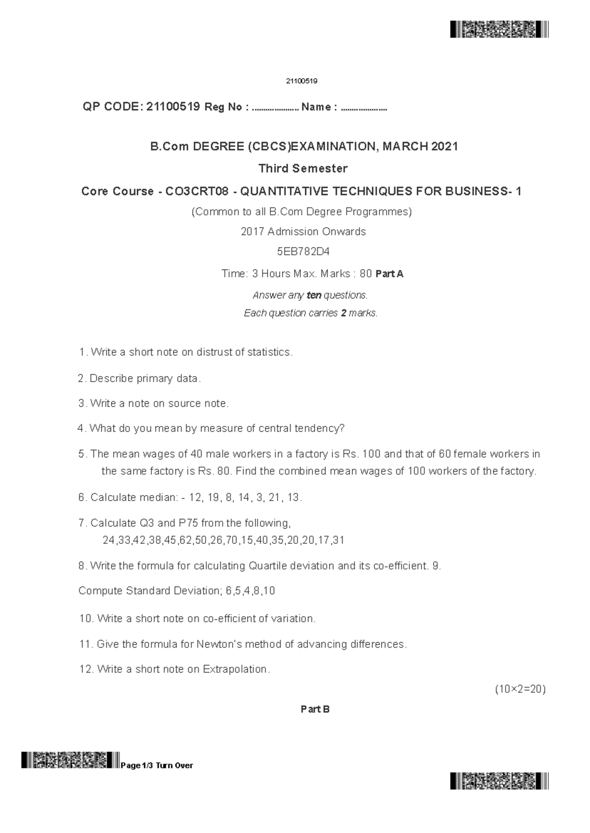 Quantitative Techniques FOR Business- 1 2021 - 21100519 QP CODE: 21100519 Reg No : - Studocu