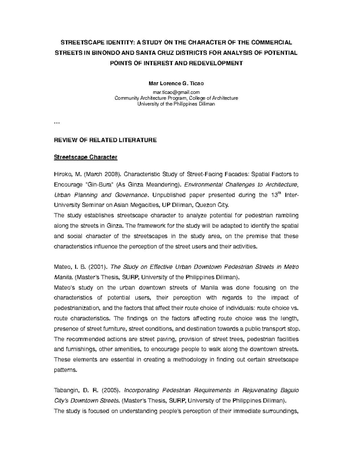 Sample-RRL - none - STREETSCAPE IDENTITY: A STUDY ON THE CHARACTER OF ...