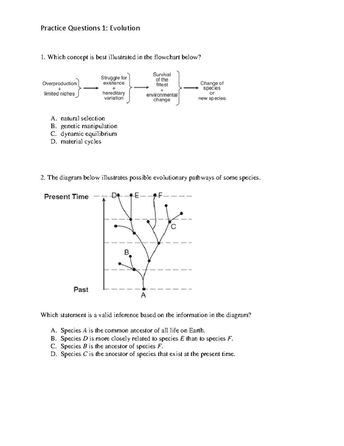 evolution practice - Practice Questions 1: Evolution 1. Which concept ...