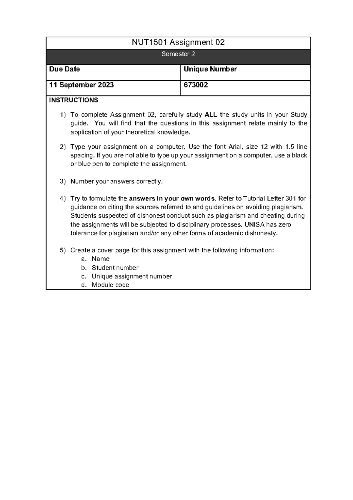 NUT1501 ass2 S2 - NUT1501 Assignment 02 Semester 2 Due Date Unique Number 11 September 2023 ...
