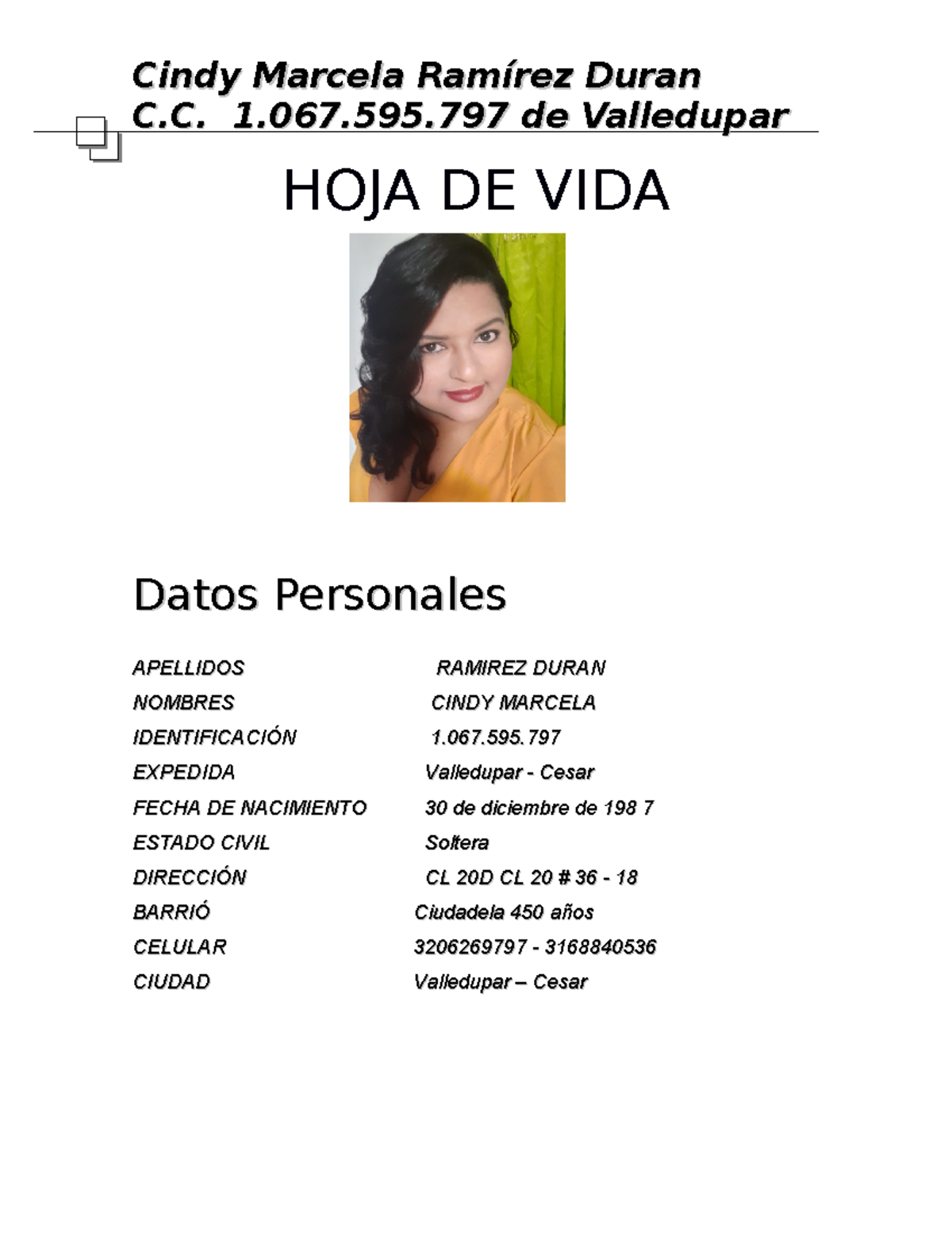Hoja de vida 9012020 [12998 ] - Cindy Marcela Ramírez Duran C. 1.067. ...