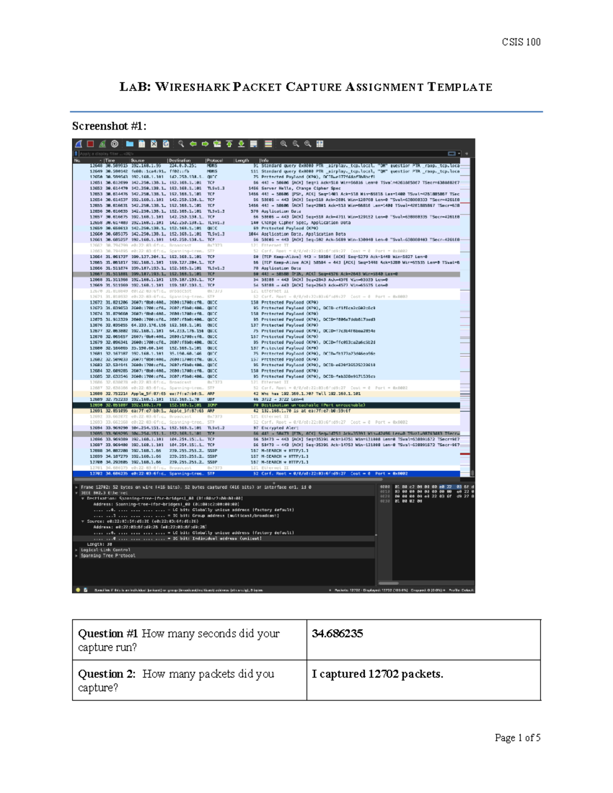 Lab Wireshark Packet Capture Assignment Lab Wireshark Packet Capture Assignment Template 1909