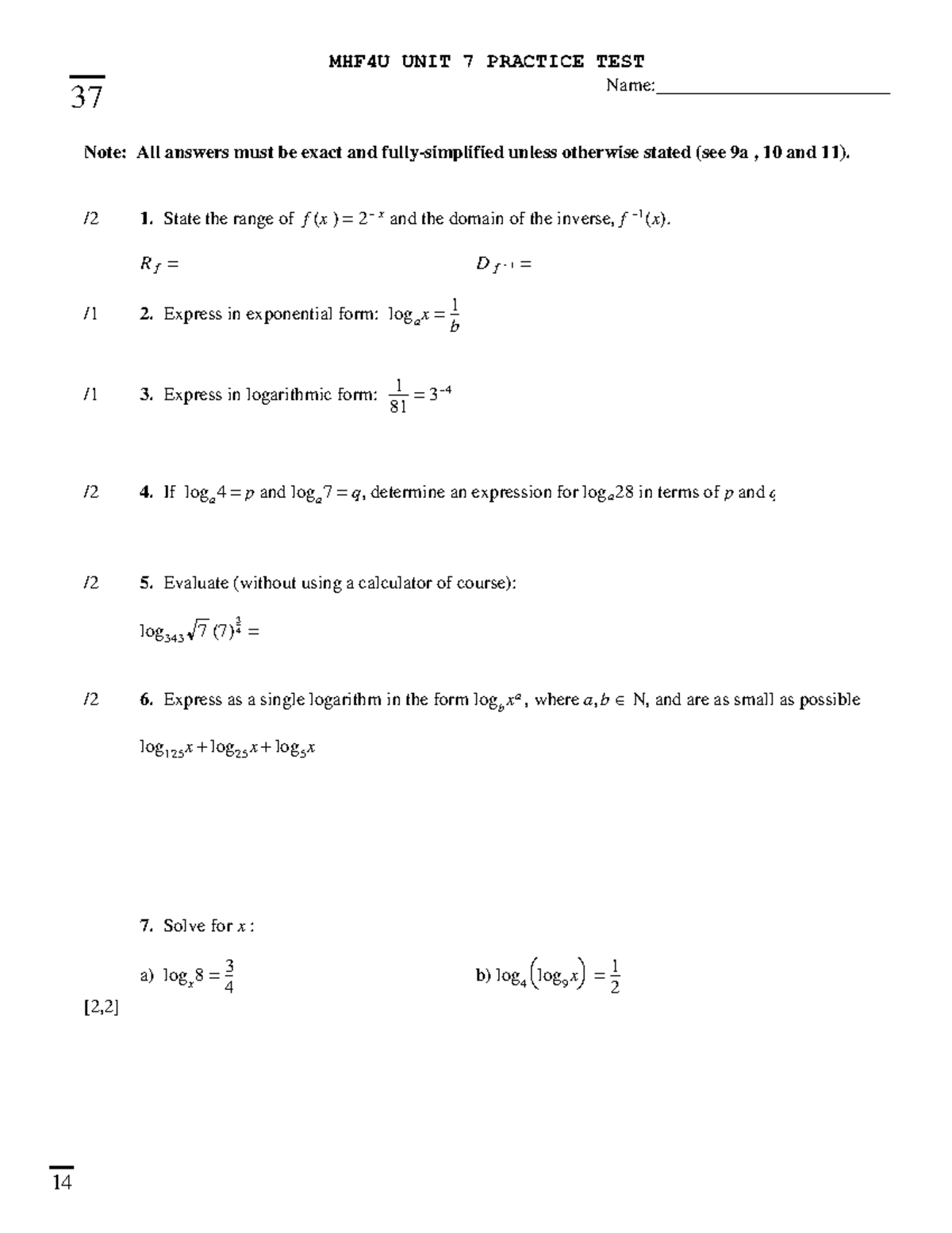 Practice Test 5 Unit 7 1 MHF4U UNIT 7 PRACTICE TEST Name Note All