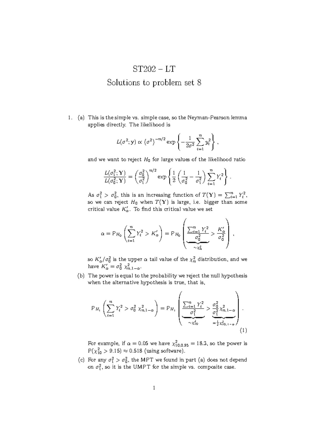 St202 ps8 sol - solutions - ST202 – LT Solutions to problem set 8 (a) This is the simple vs ...