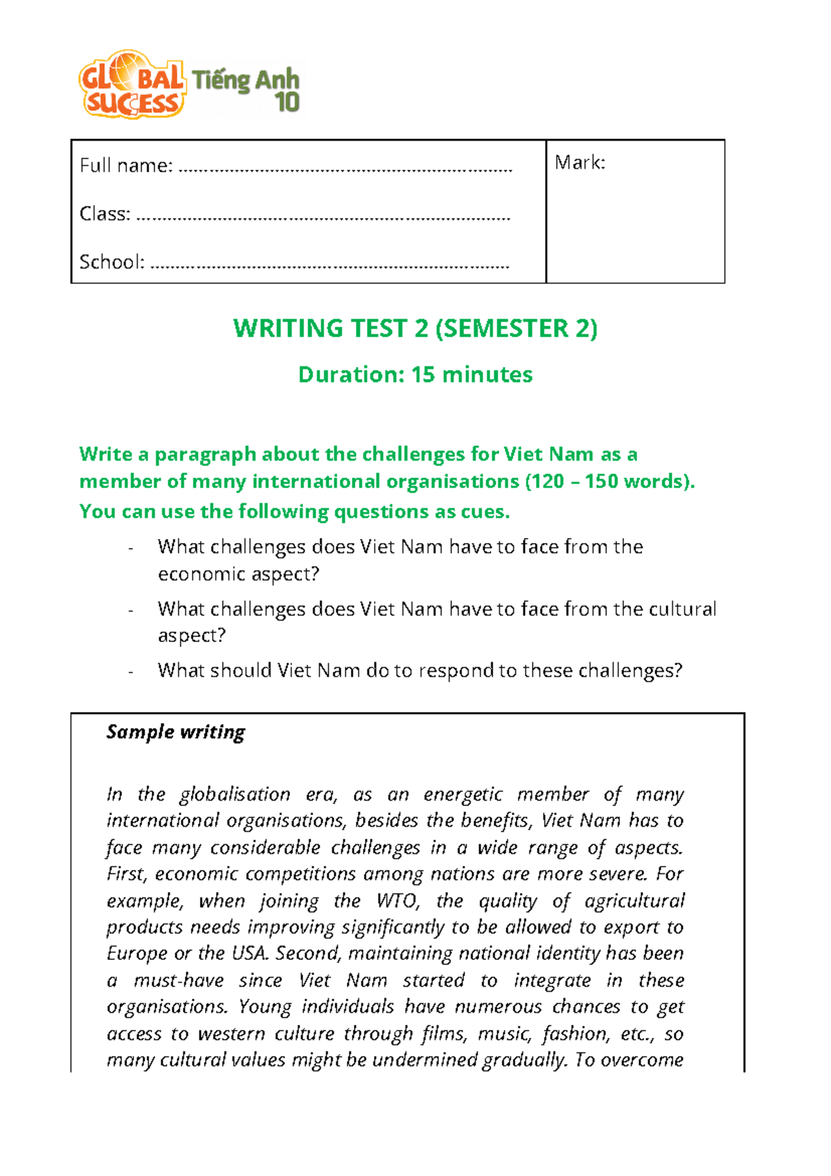 Writing test 2 - de cuong on thi - Full name: - Studocu