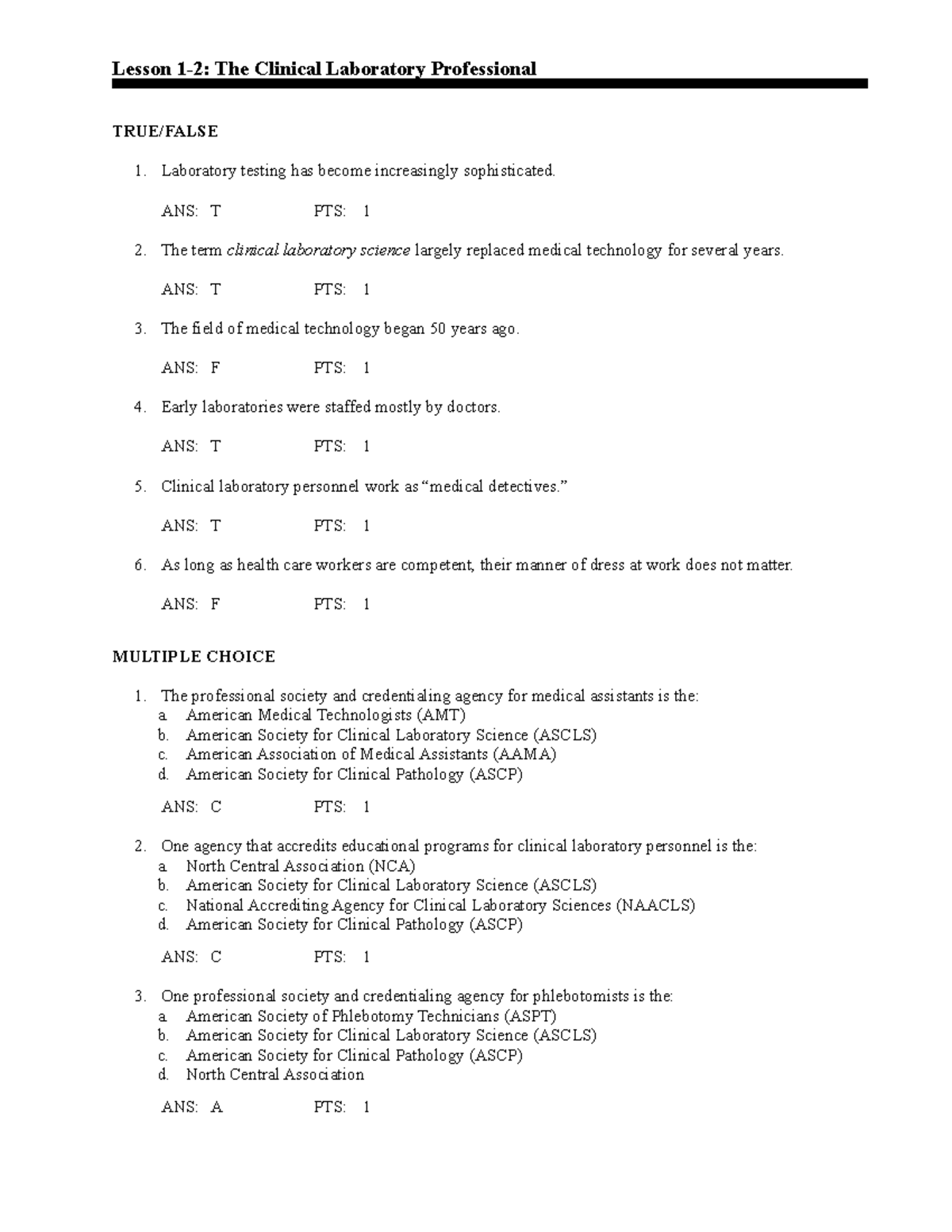 L1-2 - Questions Answers - Lesson 1-2: The Clinical Laboratory ...