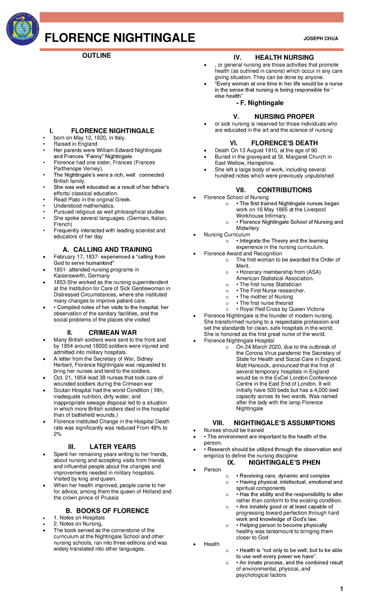 TFN 4 - Florence nightingale - 1 OUTLINE I. FLORENCE NIGHTINGALE born ...