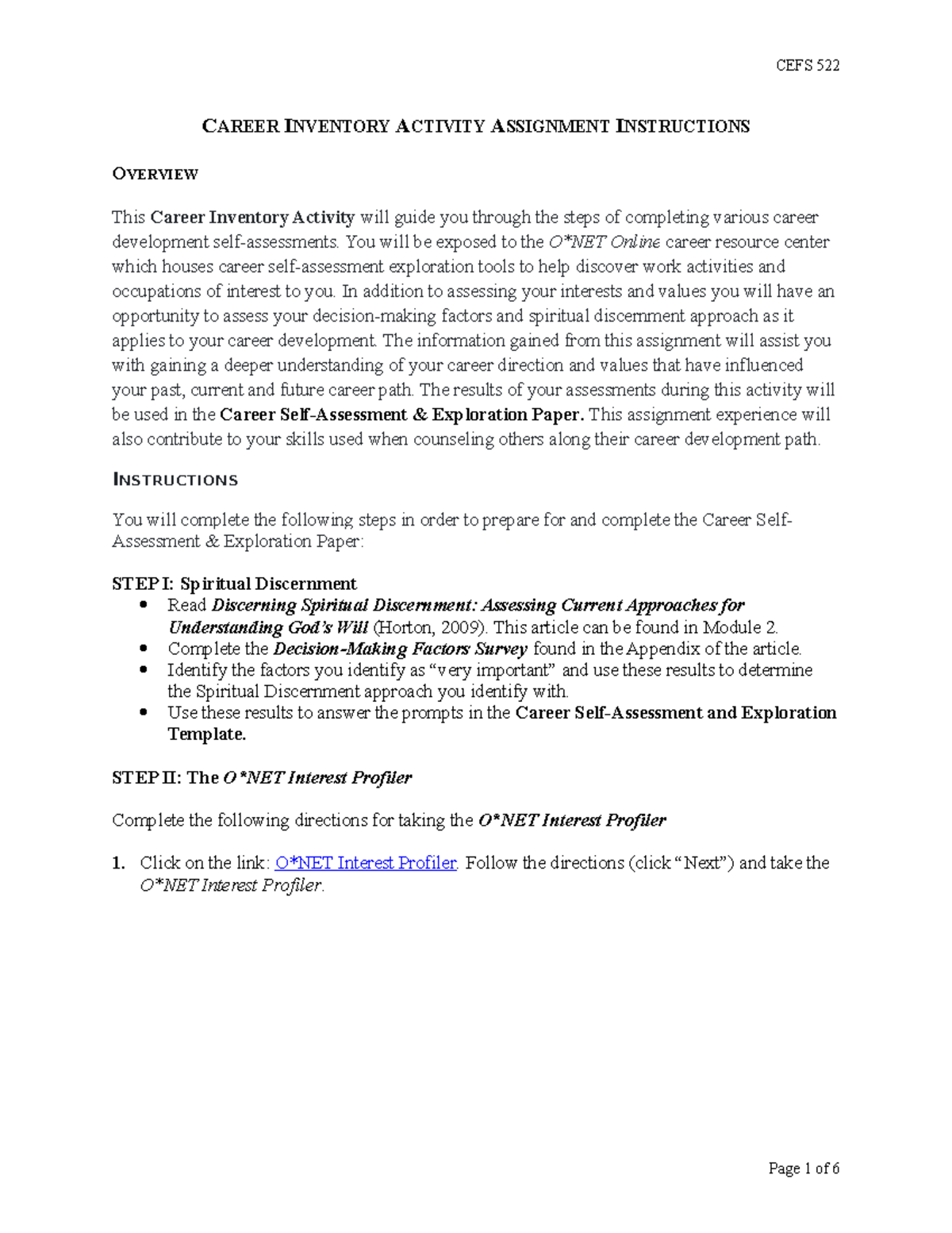 Career Inventory Activity Assignment Instructions - CAREER INVENTORY ...