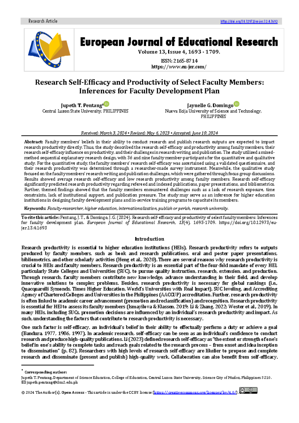 Research Self-Efficacy and Productivity - Research Article doi/10.12973 ...