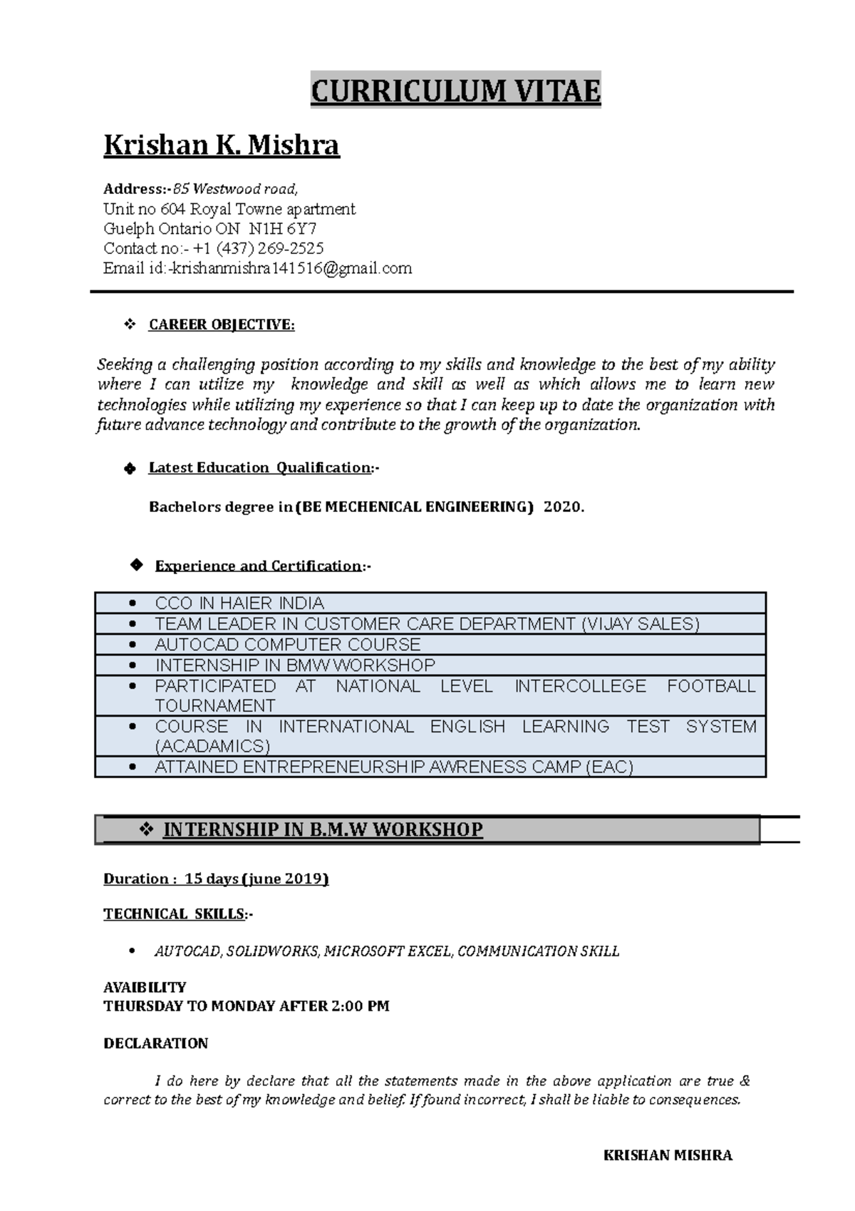 Krishna CV - Assignment project management - CURRICULUM VITAE Krishan K ...