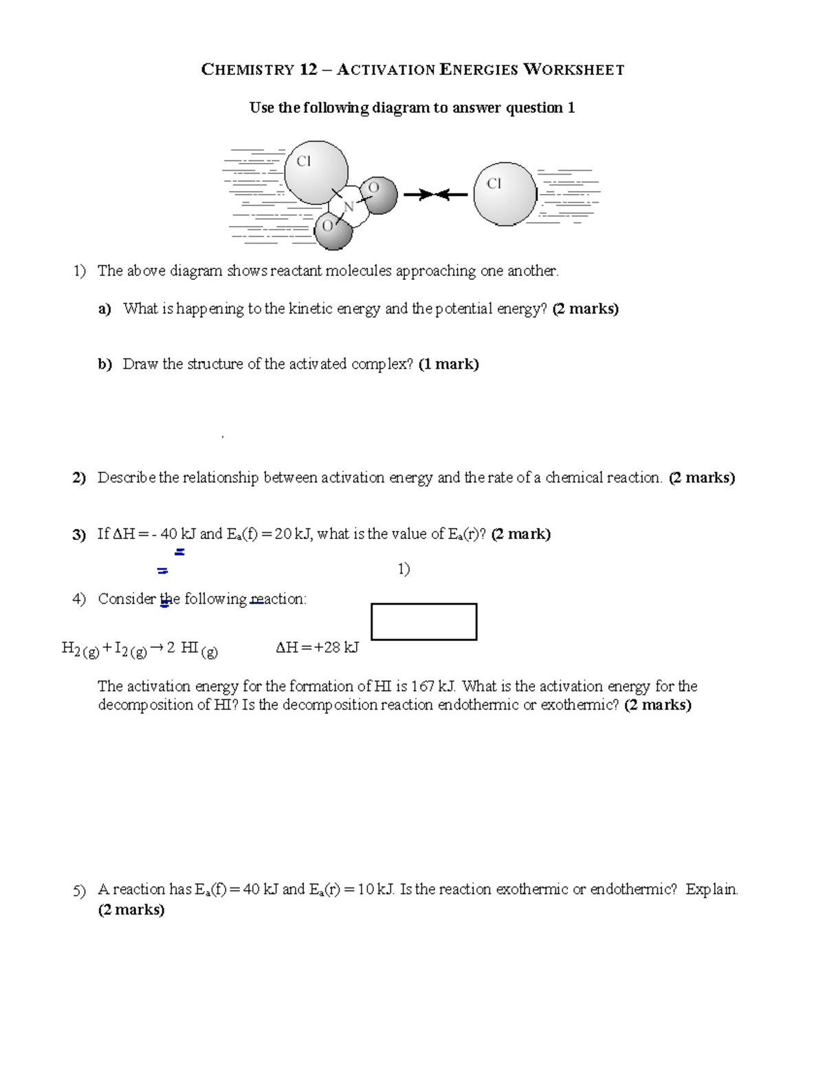 Activation energy worksheet - CHEMISTRY 12 – ACTIVATION ENERGIES ...