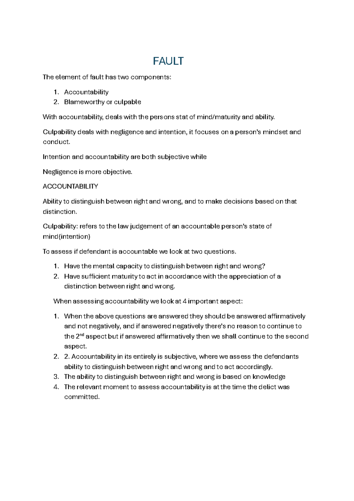 Fault - Summary Law of delict - FAULT The element of fault has two ...