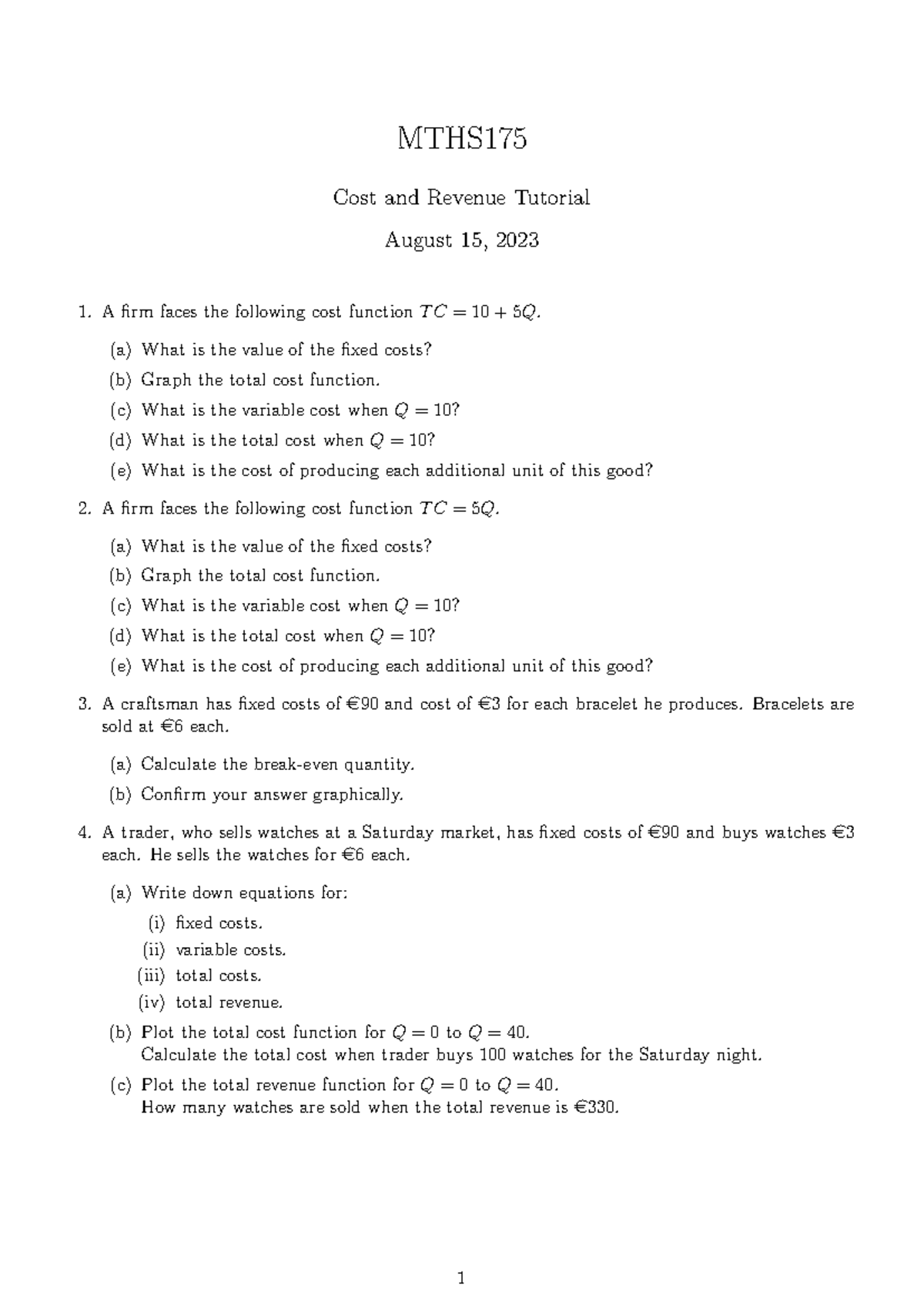 Cost and Revenue Tutorial - MTHS Cost and Revenue Tutorial August 15 ...