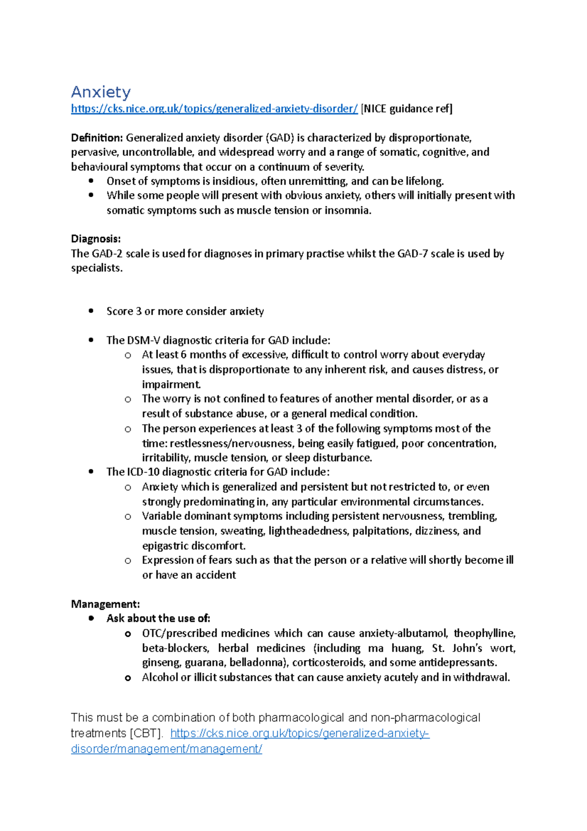 Anxiety - revision notes - Anxiety cks.nice.org/topics/generalized ...