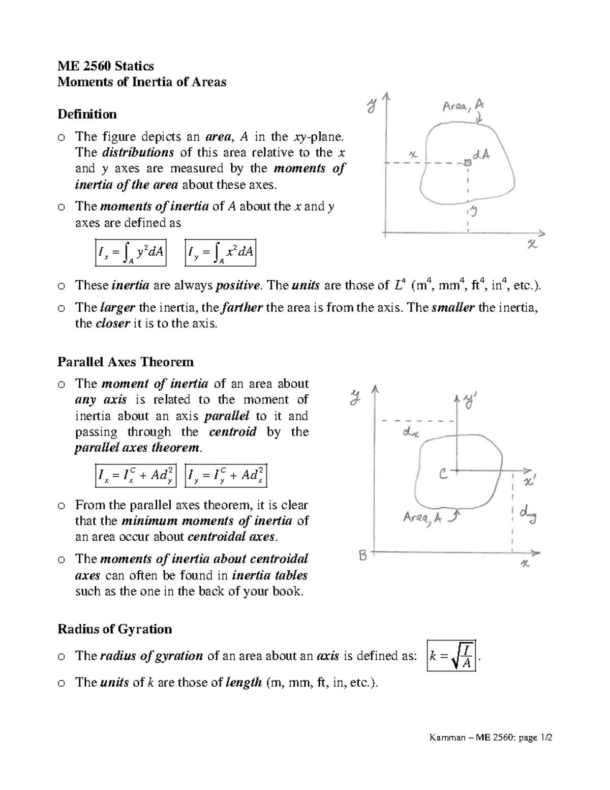 ME256Area Moments Inertia - Kamman – ME 2560: page 1/ ME 2560 Statics Moments of Inertia of ...