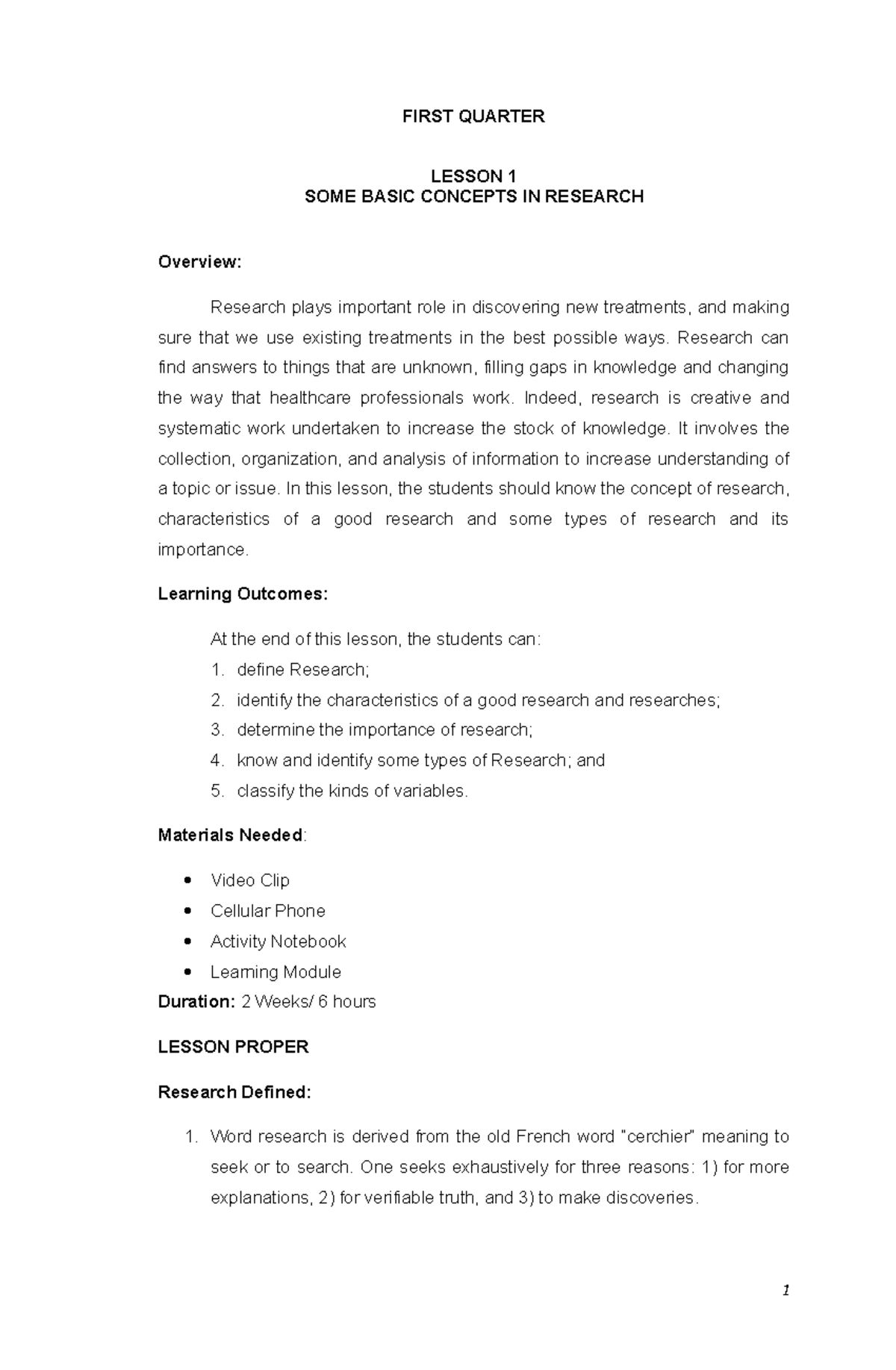 Module in Research in Daily Life 1 - FIRST QUARTER LESSON 1 SOME BASIC ...