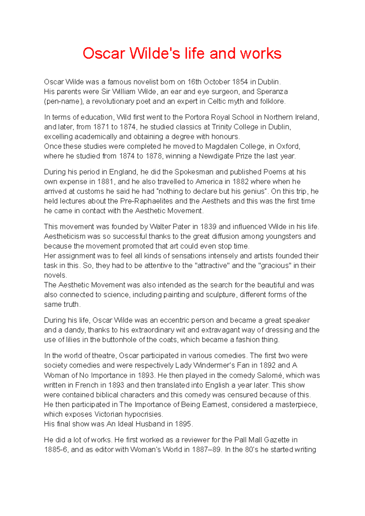 Tiziano Plantera - Oscar Wilde Mind Map - Oscar Wilde's life and works ...