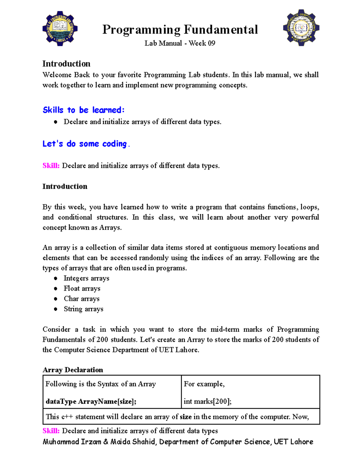 Lab 09-Programming Fundamentals - Lab Manual - Week 09 Introduction Welcome Back to your ...