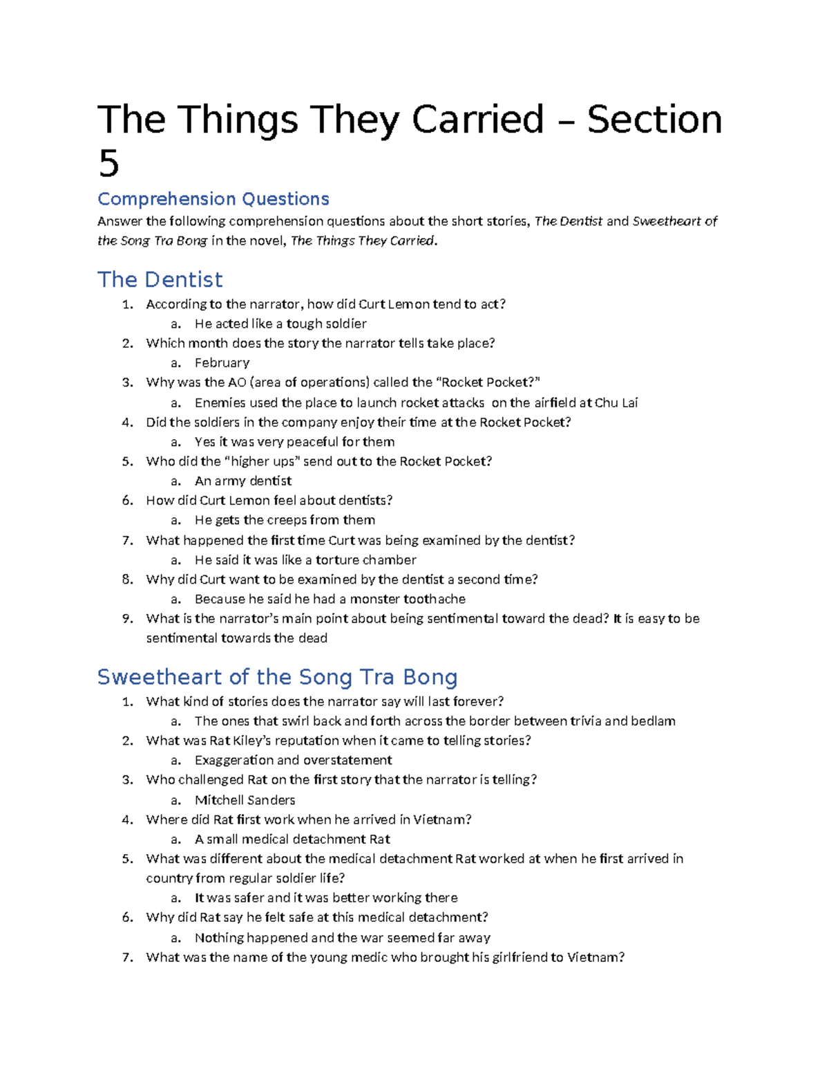 The Things They Carried - Section 5 comp questions Completed - The ...