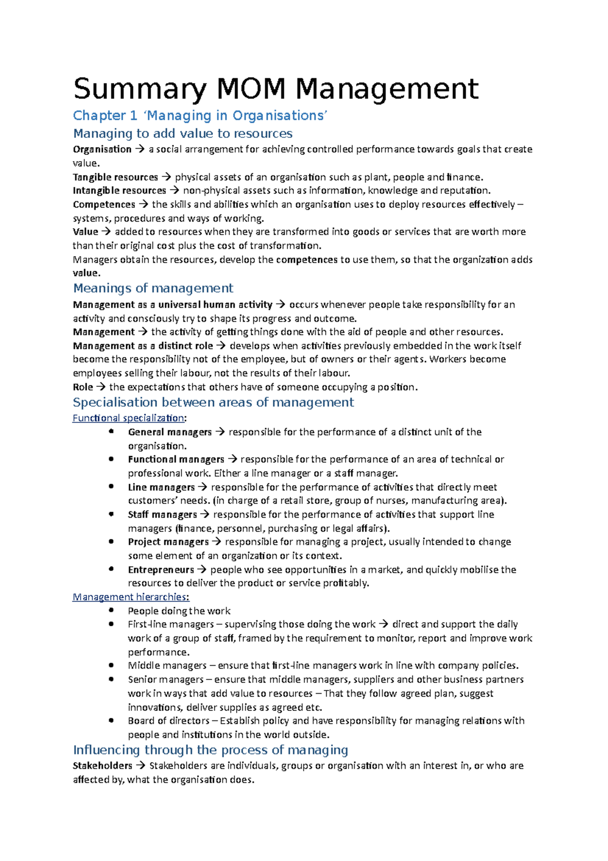 Summary MOM Management - Summary MOM Management Chapter 1 ‘Managing in ...