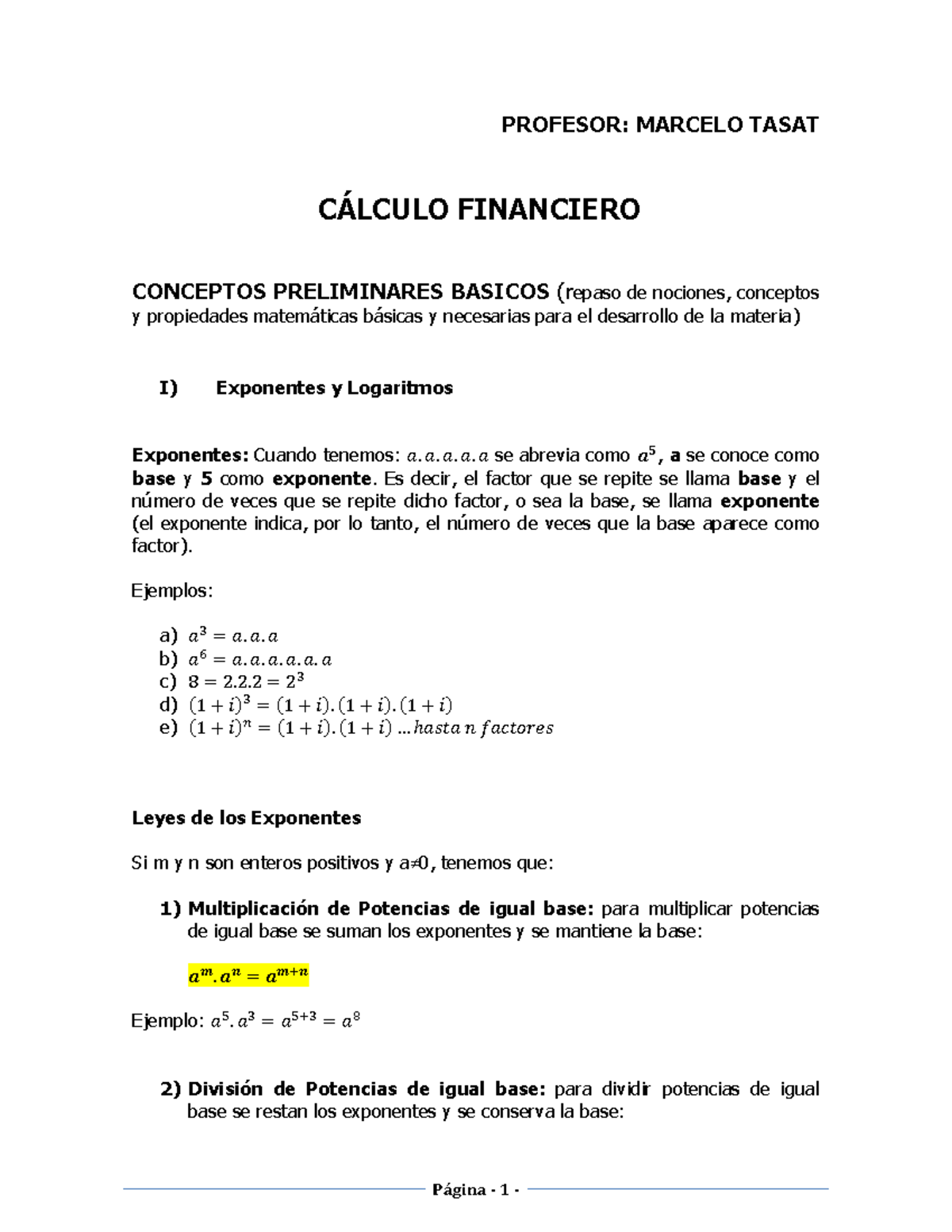 Clase PDF 0 ( Conceptos Preliminares Básicos Cálculo Financiero) - PROFESOR: MARCELO TASAT C ...