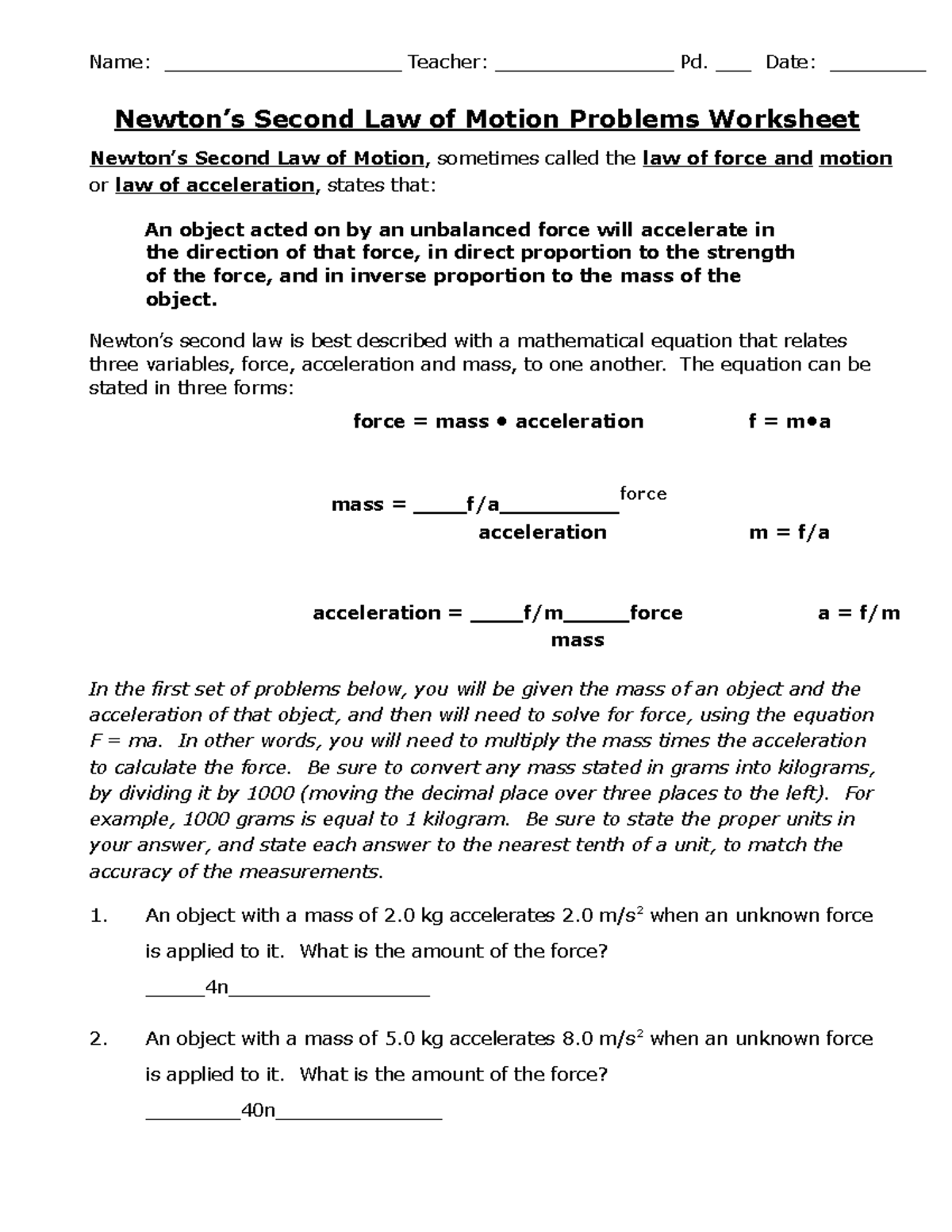 Wkst-newtons second law problems (1)kamanzi Tony - Name ...