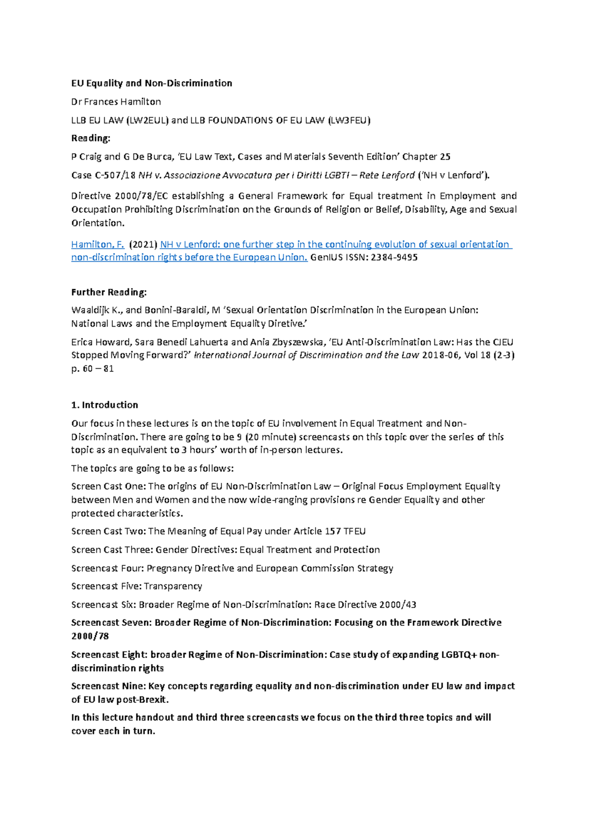 EU Equality and Non-Discrimination Handout Week 3 - EU Equality and Non ...