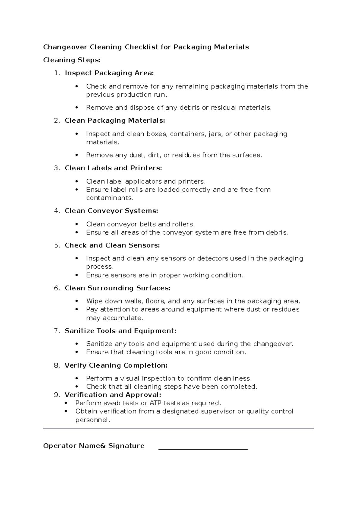Changeover Cleaning Checklist for Packaging Materials - Inspect ...