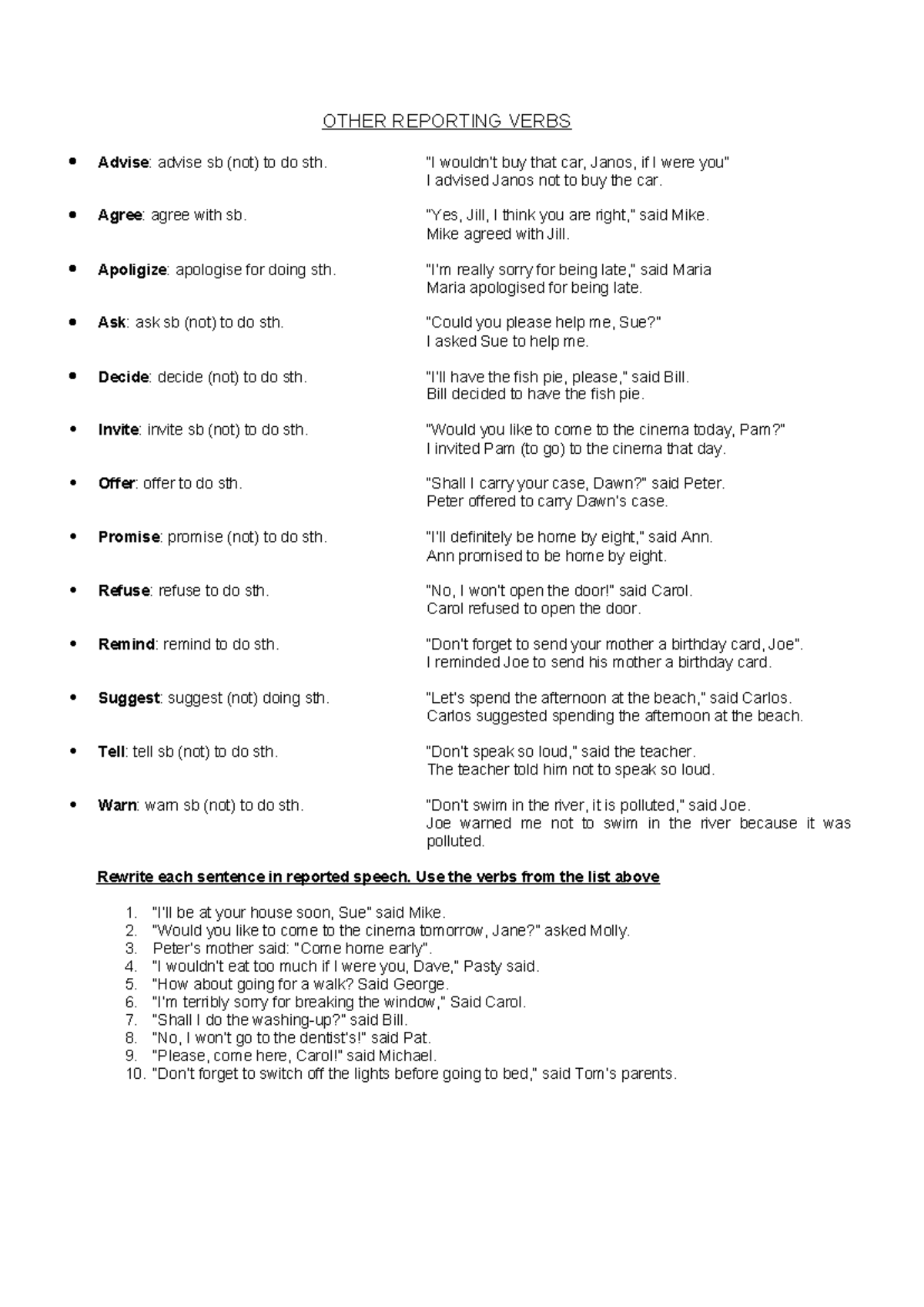 Other reporting verbs - OTHER REPORTING VERBS Advise: advise sb (not ...