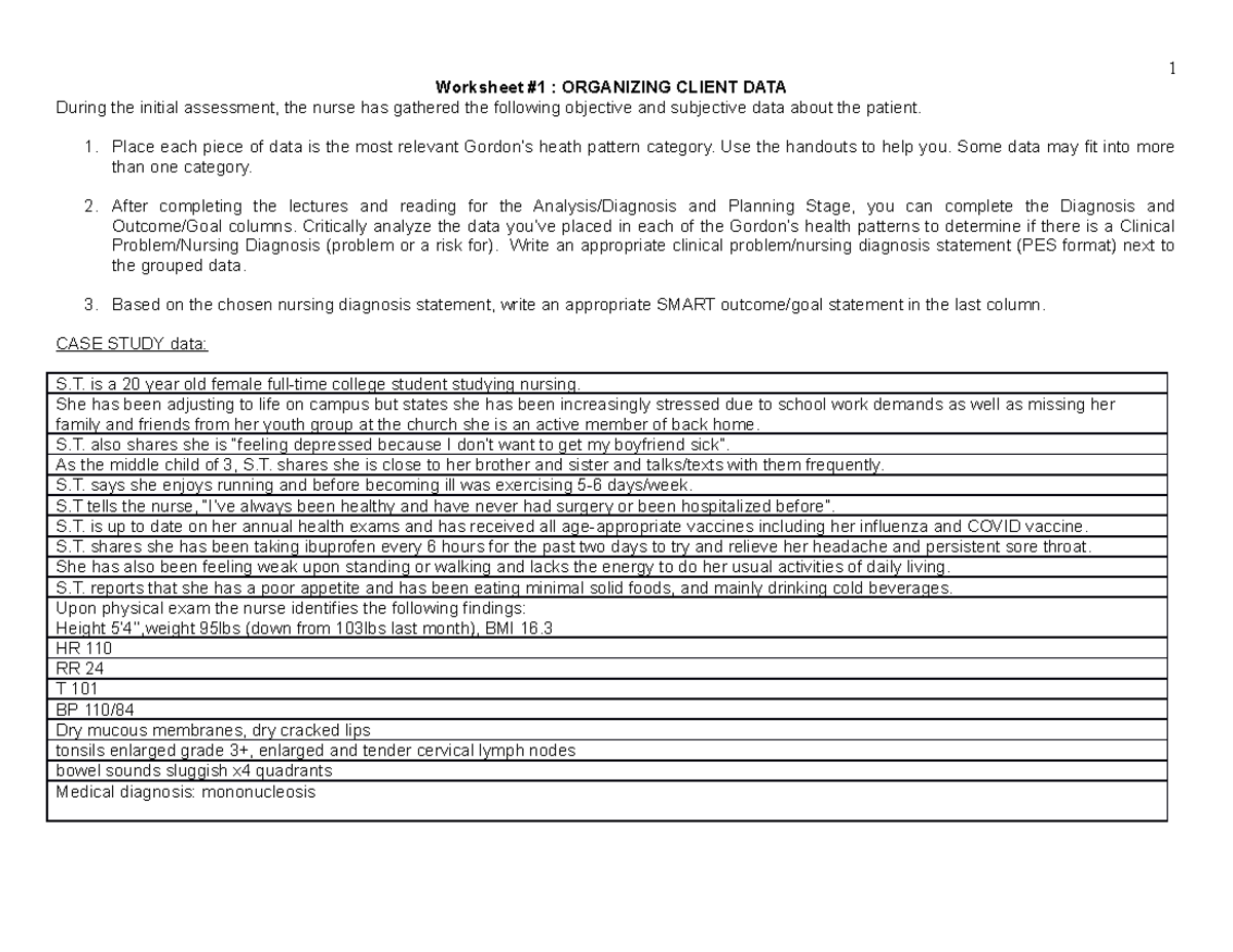 NP Worksheet #1 Case Study - Worksheet #1 : ORGANIZING CLIENT DATA ...