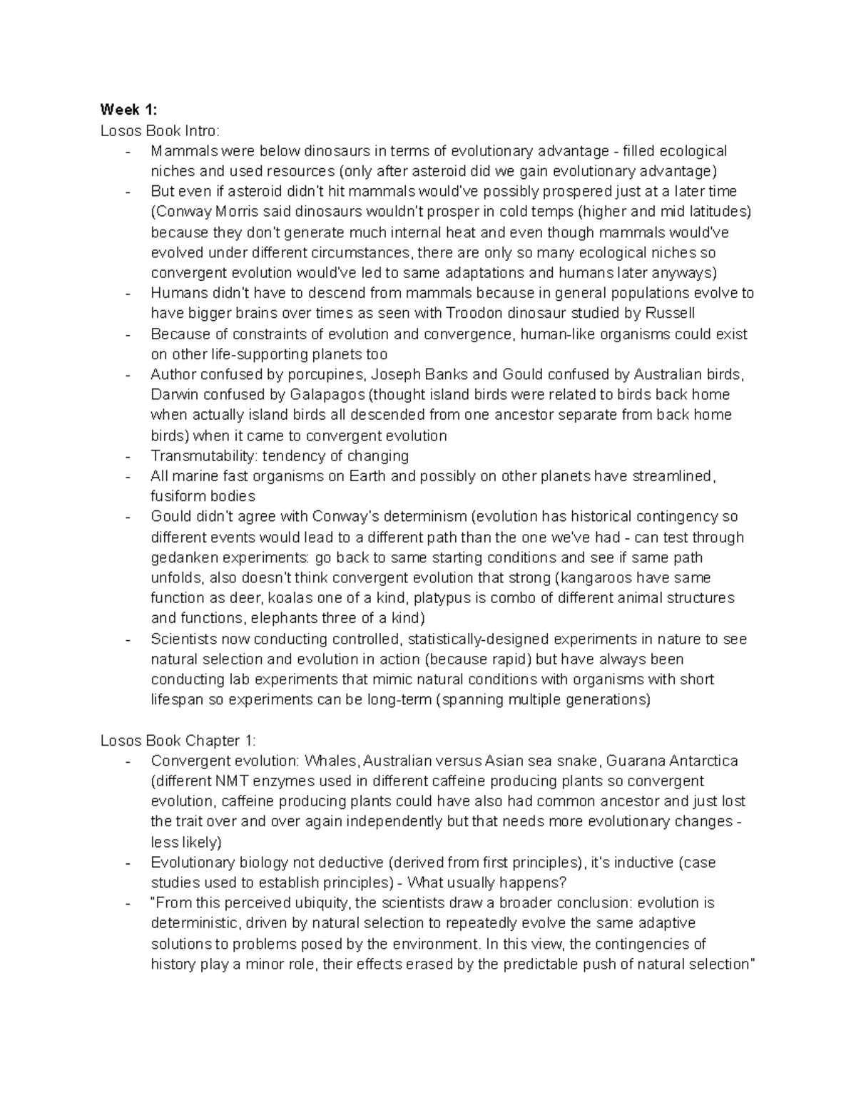 Evolution Discussion Notes - Week 1: Losos Book Intro: - Mammals were ...
