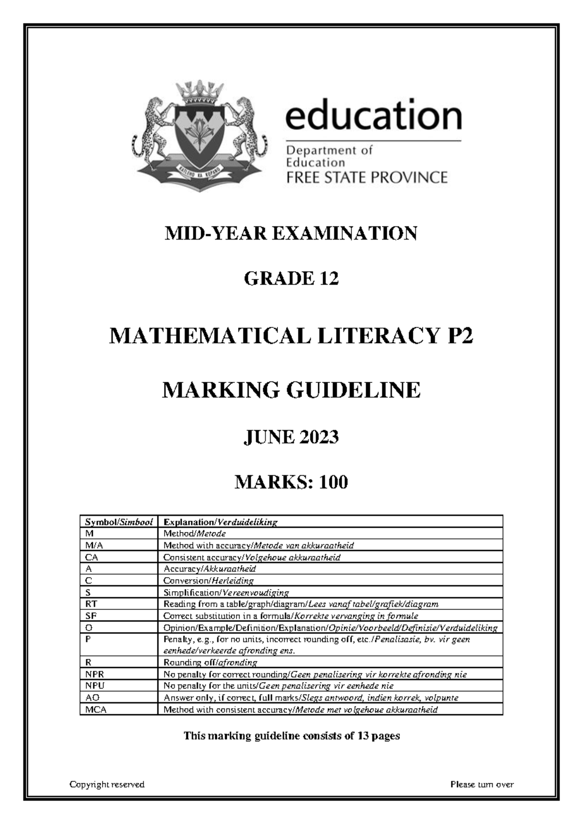 Grade 12 Maths LIT P2 JUNE EXAM 2023 Marking guideline - Mathematical ...