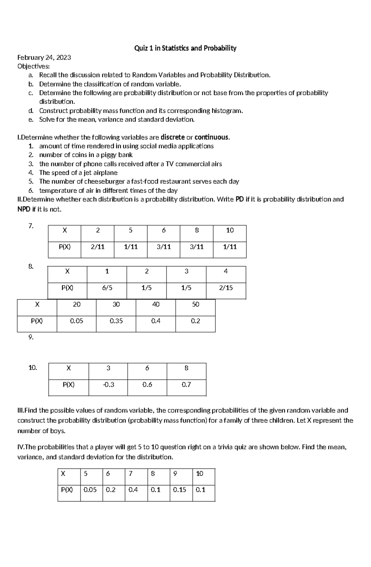 5. Q3 random variable quiz - Quiz 1 in Statistics and Probability ...