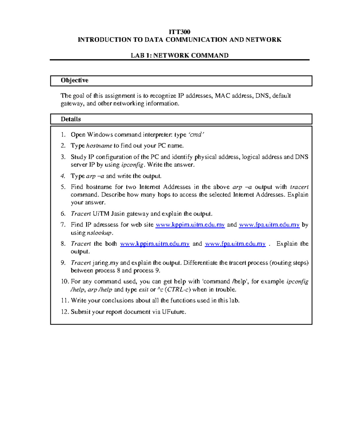 Lab1-Network Command - good - ITT INTRODUCTION TO DATA COMMUNICATION AND NETWORK LAB 1: NETWORK ...
