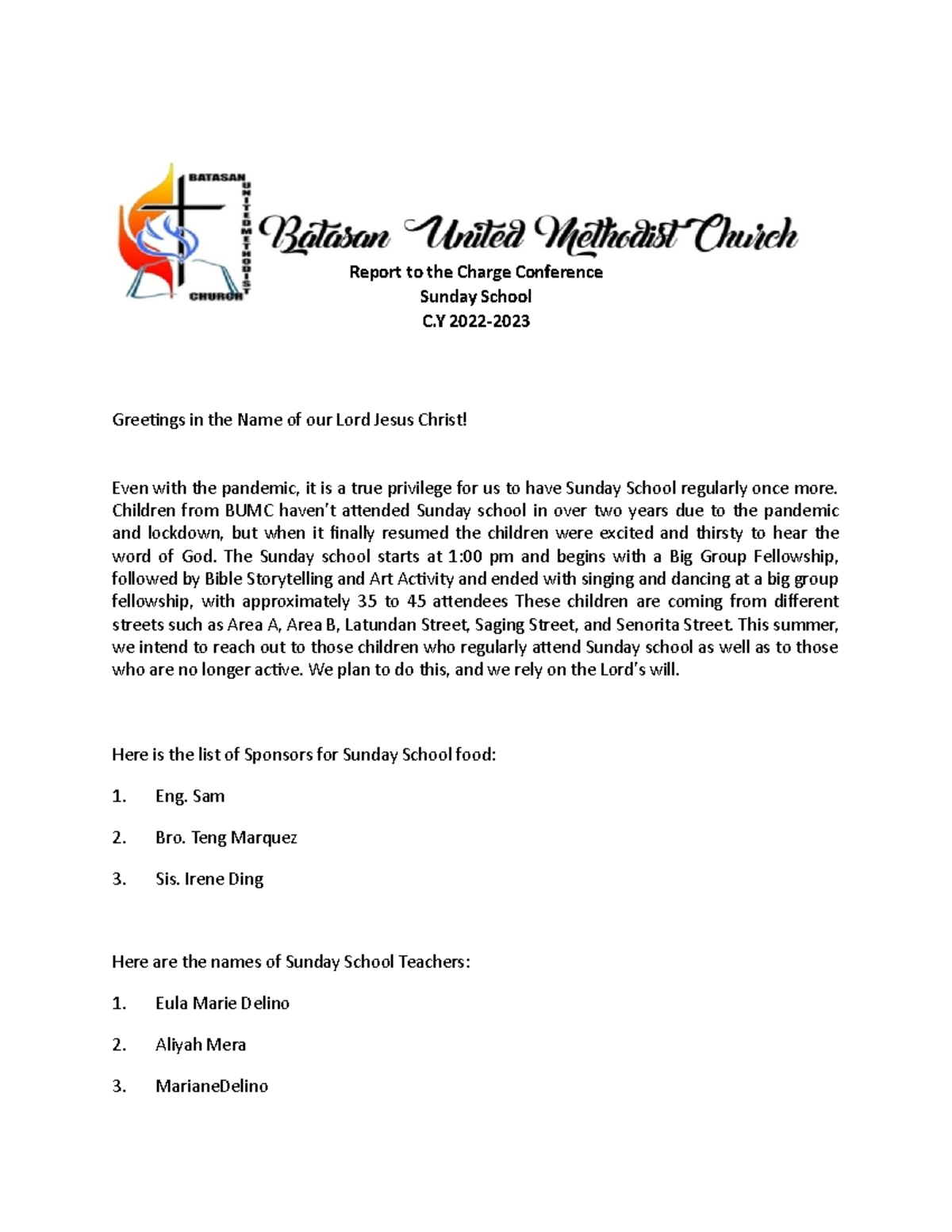 Final-Sunday School Report - Report to the Charge Conference Sunday ...