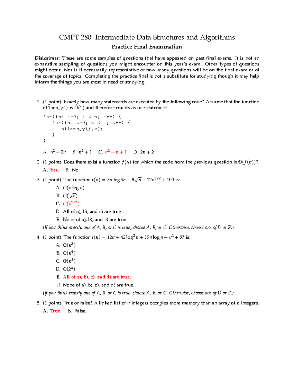 Practice final solutions - CMPT 280: Intermediate Data Structures and Algorithms Practice Final ...