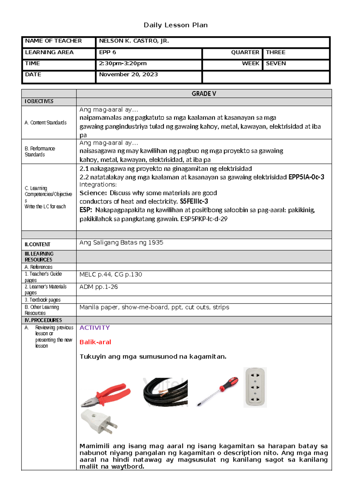 DLP CO Q3 EPP - Daily Lesson Plan NAME OF TEACHER NELSON K. CASTRO, JR ...